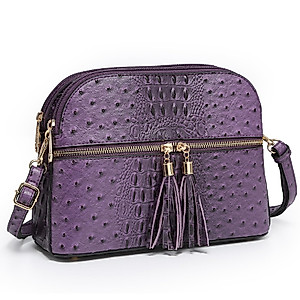 Dasein Women Tassel Zipper Pocket Crossbody Bag Shoulder Purse Fashion Travel Bag with Multi Pockets(Ostrich Purple)