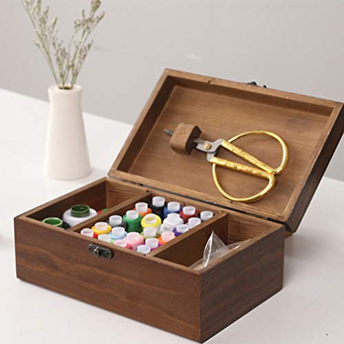 Cabilock Wood Sewing Storage Basket Knitting Crochet Embroidery Art Supplies Organizer Household Travel Sewing Repair Accessories Box for DIY Beginner Camper Without Accessories