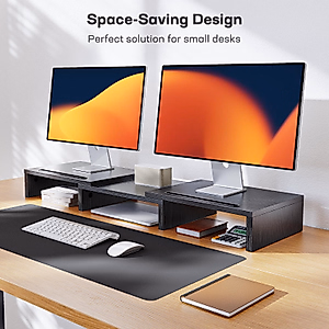 LORYERGO Dual Monitor Stand - [Upgraded] Monitor Stand w/ 2 Slots for Phone & Tablet, Dual Monitor Riser, Length and Angle Adjustable, Computer Stand for Monitor, Laptop, Tablet (Black)