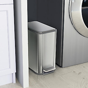 Glad Slim Bathroom Trash Can - Small Garbage Pail with Soft Close Lid & Step Foot Pedal | Narrow Brushed Nickel Waste Basket with Removable Inner Bucket, 2.6 Gallon