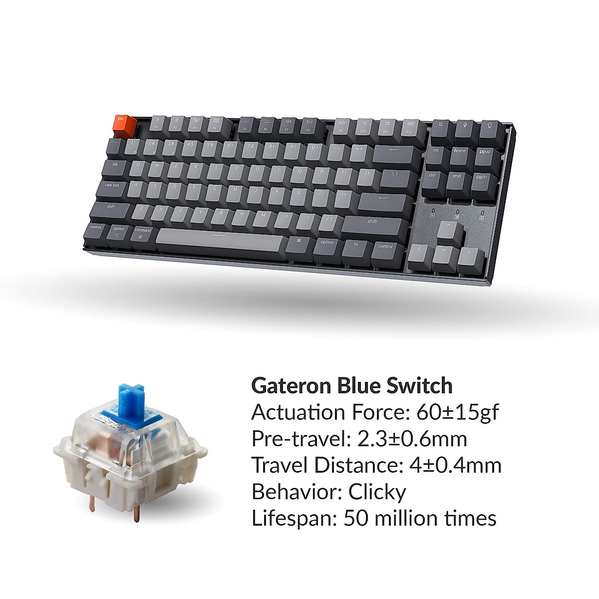 Keychron K8 Hot-swappable Wireless Bluetooth/Wired USB Mechanical Keyboard with Gateron G Pro Blue Switch/White LED Backlight/N-Key Rollover, Tenkeyless 87-Key Computer Keyboard for Mac Windows