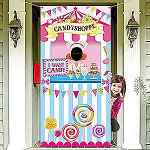 Candy Shop Party Decoration Sweet Shoppe Hanging Banner Background Carnival Photo Door Decor Backdrop Props 70.87 x 35.43 Inch Large Photo Door Banner for Candy Shop Sweet Party Carnival Game Supplies