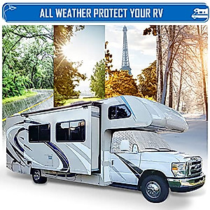 Komsepor RV Windshield Cover for Class C Ford 1997-2022 RV Front Window 4 Layers Class C Motorhome Cover 27 Foot Temperature Control Sunshade/Snow Cover Upgraded Strong Magnet/Side Mirror Cutout