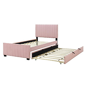 CITYLIGHT Upholstered Twin Bed with Trundle Bed Under,Velvet Twin Size Platform Bed with Headboard,Wood Twin Trundle Bed for Kids Girls Boys,No Box Spring Needed,Pink