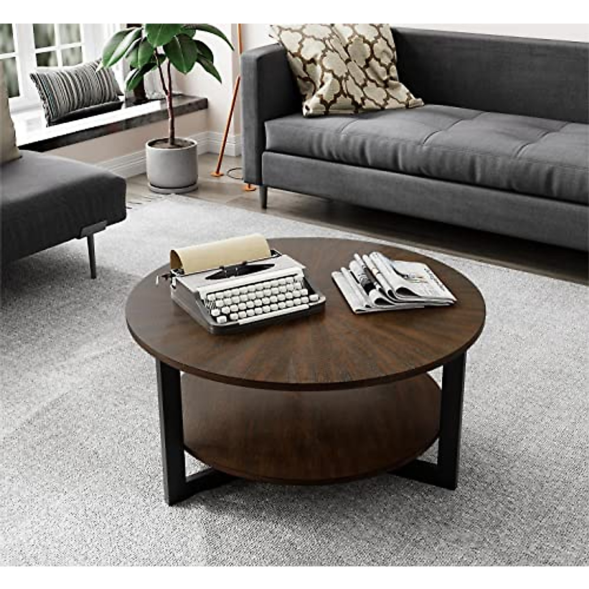 LEEMTORIG 33.5" Round Coffee Table with Storage, Farmhouse Coffee Table for Living Room, Solid Wood Circle Center Table, Rustic Brown Wood Tabletop & Metal Frame, KFZ-1338-NC