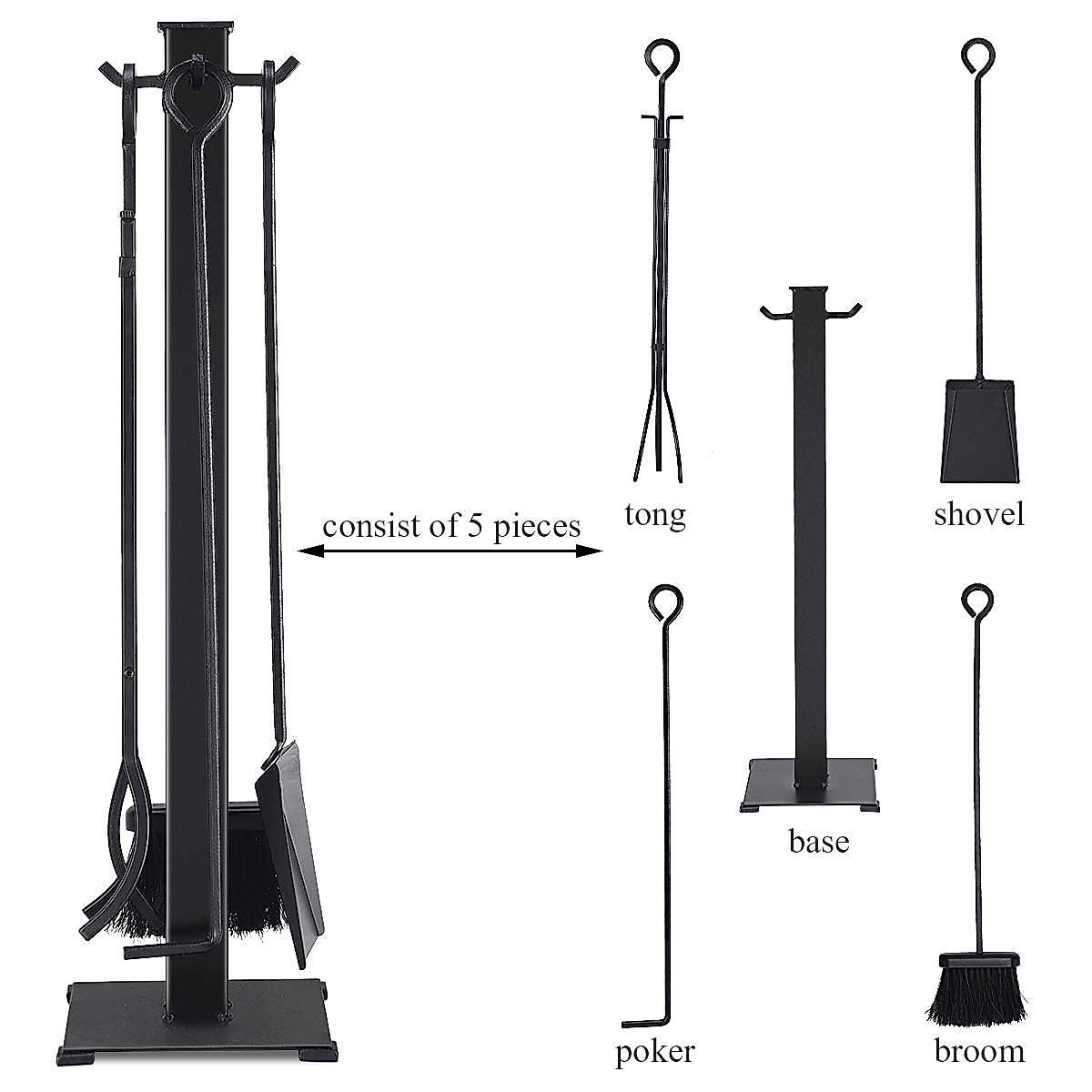 Tangkula 5 Pieces Fireplace Tools, Modern Contemporary Chimney Fireplaces Hearth Accessories,Includes Wrought Iron Tong Poker Base Shovel Brush, Indoor Outdoor Tools for Fireplace Black