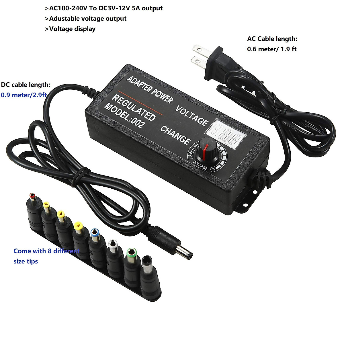 Universal Adjustable AC/DC Switching Power Adapter,AC to DC Power Supply Adapter 3-12v 5A Switching Adjustable Output with Multiple Tips,Black