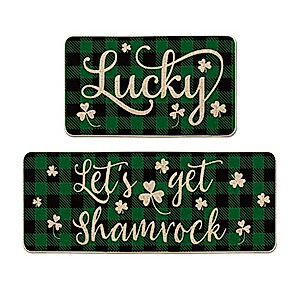 Artoid Mode Green Buffalo Plaid Let's Get Shamrock Lucky Clover Kitchen Mats Set of 2, Seasonal St. Patrick's Day Anniversary Holiday Decorations for Home Kitchen - 17 x 29 Inch and 17x47 Inch