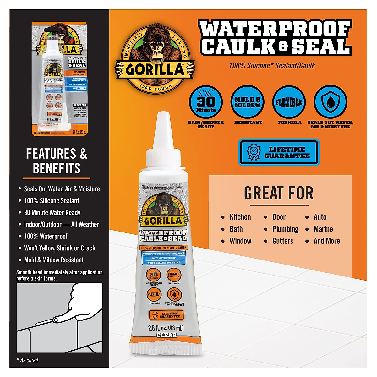Gorilla Waterproof Caulk & Seal100% Silicone Sealant, 2.8oz Squeeze Tube, Clear (Pack of 1)