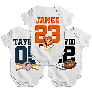 Personalized Sports Baby Onesie for Boy - 8 Designs & Colors Customized Baseball Girl Outfits Gifts Custom Sport Bodysuit Babies Newborn 6 12 18 24 Month Gift Shower C1, White