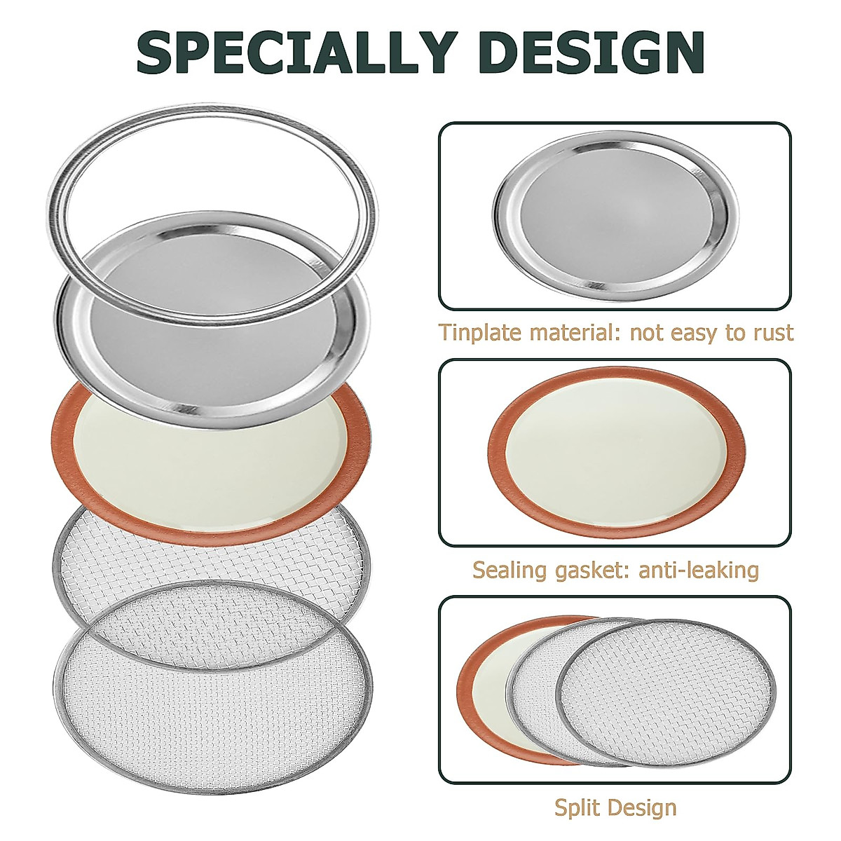 6 Pack Seed Sprouting Jar Lids: for 3.4"(86mm) Regular Mouth Mason Jars Fresh Sprouts at Home | Strainer Screen for Canning Jars | 304 Stainless Steel Lid for Growing Broccoli, Alfalfa, Beans & More