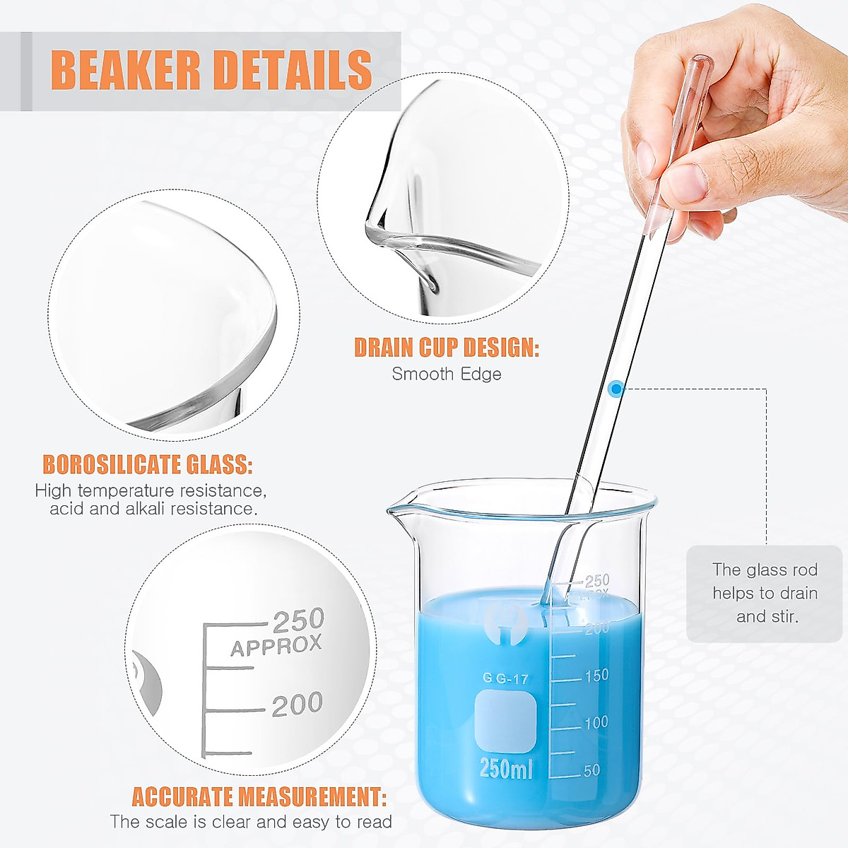 Feekoon 10 Pieces Glass Measuring Beaker Graduated Measuring Cylinder with Stirring Rod 50/100/ 250/500/ 1000 ml Thick Glass Beakers 5/10/ 50/100 ml Graduated Cylinders for Science Lab (9.8 Inch)