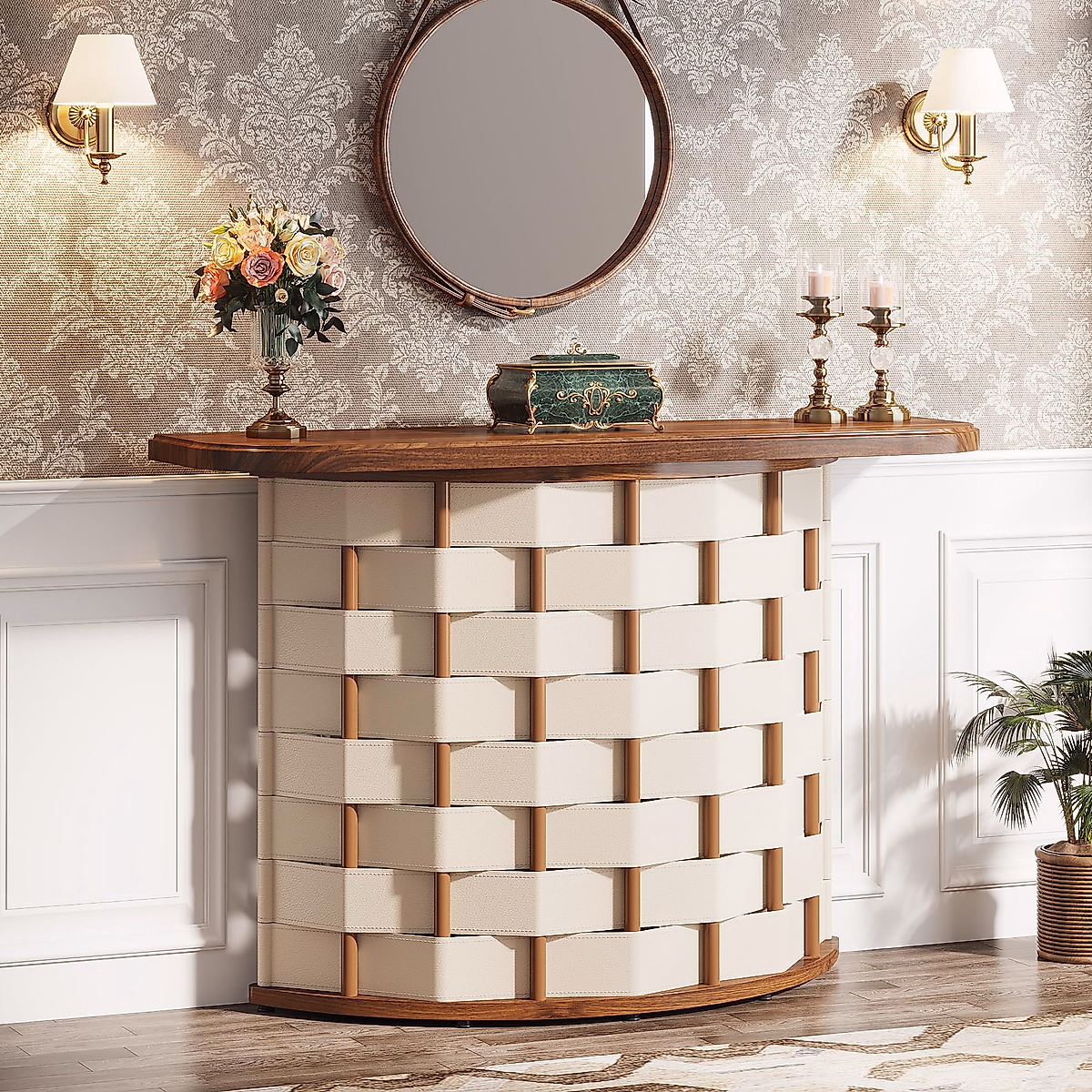 Tribesigns Half Moon Console Table for Entryway, 47-Inch Vintage Semi Circle Sofa Table with Woven Leather Base, Modern Accent Table for Living Room, Hallway, Foyer, Entrance