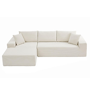 DEINPPA Modern Minimalist Style Modular Sofa Couch with Pillows and Back Support, Deep Sectional Sofa Furniture Set, 4-Seater Corduroy L-Shaped Sofa-Beige (Left Facing Chaise)