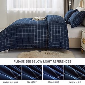 Andency Navy Grid Comforter Set Full Size (79x90 Inch), 3 Pieces(1 Grid Comforter and 2 Pillowcases), Summer Lightweight Microfiber Down Alternative Navy Comforter with White Lines