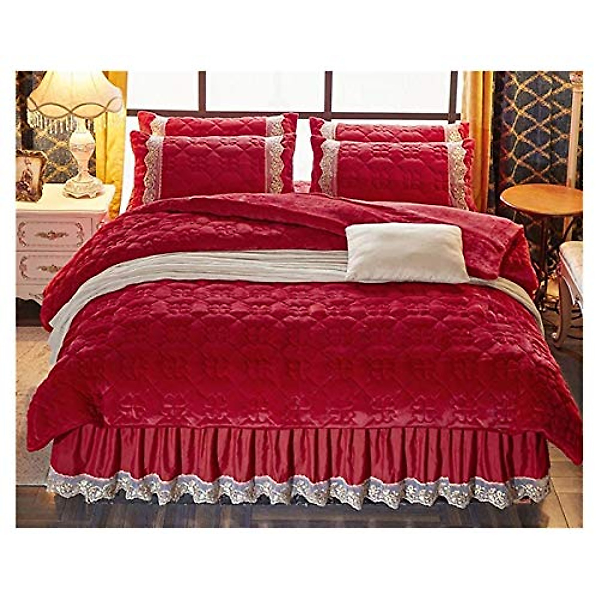 Wrinkle Stain Resistant Four Piece Bed Set Duvet Cover Set Autumn and Winter Duvet Cover Plus Cotton Bedspread to Keep Warm King Size Wine Red Queen Size Sheet Set