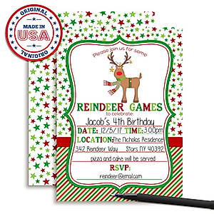 Reindeer Games Holiday Birthday Party Invitations, 20 5x7 Fill In Cards with Twenty White Envelopes by AmandaCreation