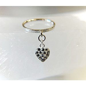 Heart Charm Ring, Dainty Clear Crystal Pave Charm Ring, Textured Band, Smooth Band, Sterling Silver Ring, Stackable Ring, Custom Size 5 6 7 8. Jewelry Inspirations
