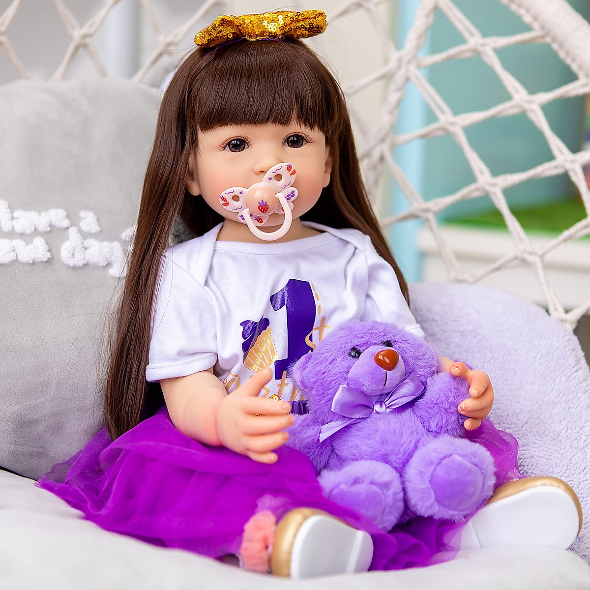 TERABITHIA 22 Inches Cute Alive Handmade Long Brown Hair Reborn Baby Doll Crafted in Silicone Vinyl Full Body Anatomically Correct Realistic Newborn Princess Toddler Girl Dolls Purple Gift Set