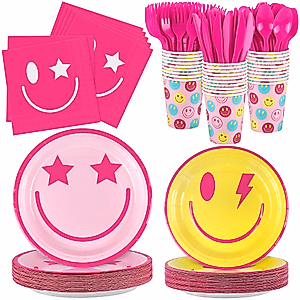durony 210 Pieces Preppy Smiley Face Party Tableware Set Paper Smile Face Plates Napkins Paper Cups Cutlery for Preppy Birthday Party Supplies Baby Shower Decor, Serve 30 Guest