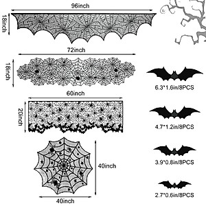 5 Pack Halloween Decorations Indoor Set Halloween Spider Web Tablecloth Round & Table Runners Fireplace Mantel Scarf Cobweb Lampshade Scary 3D Bats for Halloween Spooky Home Decor