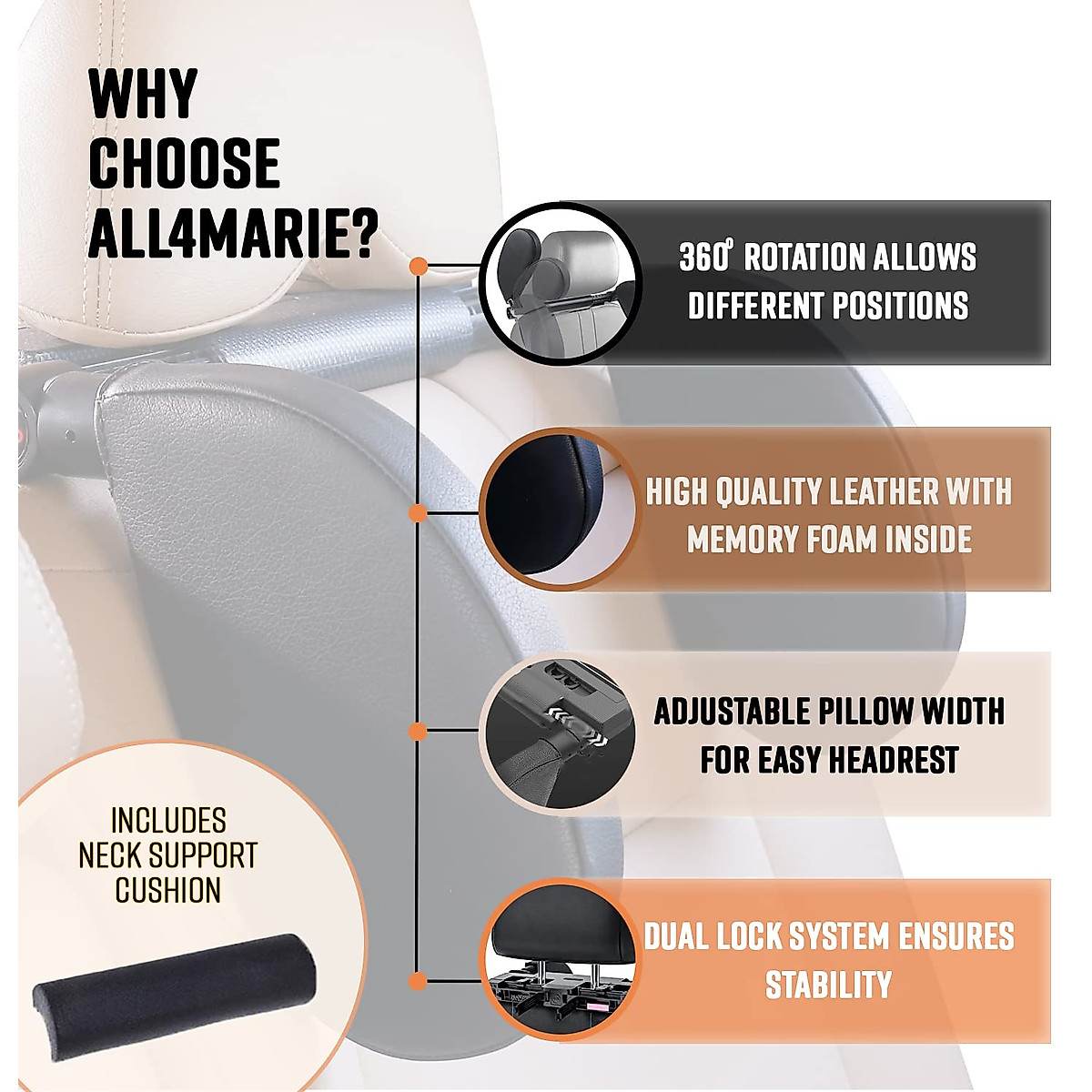 ALL4MARIE Car Seat Headrest Support - 360 Degree Adjustable, Memory Foam Car Headrest with Head, Neck, Shoulder Support for Kids and Adults, (Black)