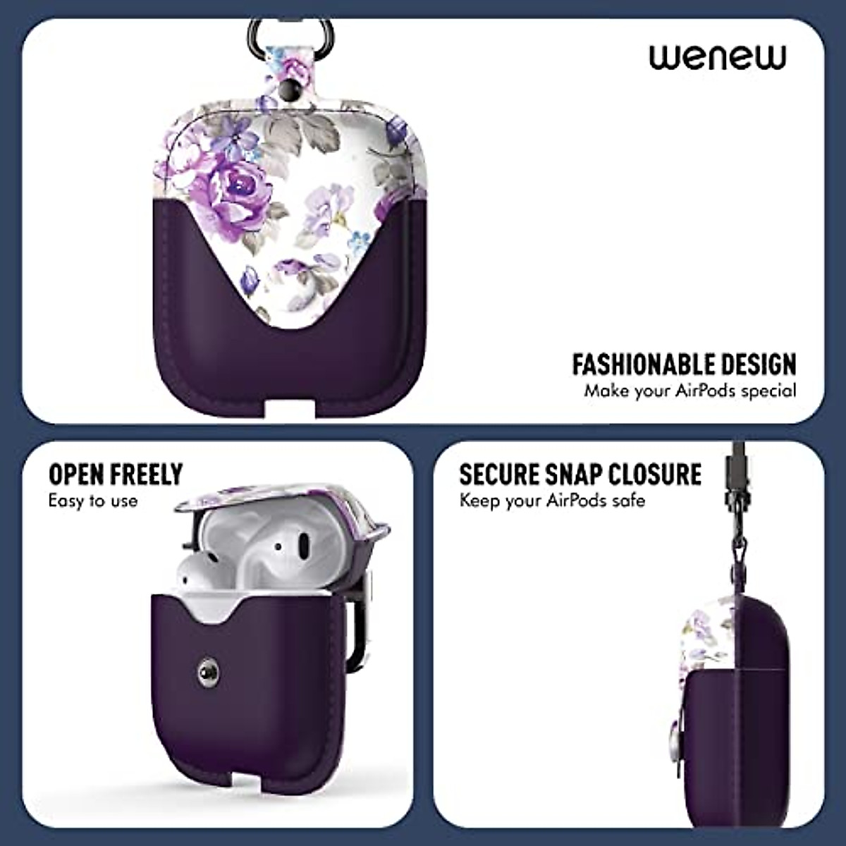 wenew Leather Case for AirPods 1 & 2, AirPods 2 case with snap Closure AirPods Leathe case for Women with Clip (Purple)