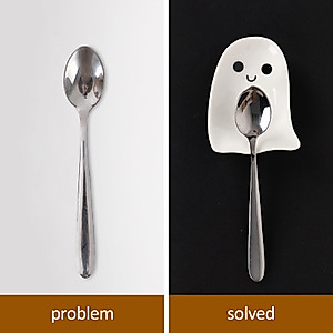 Whaline 4Pcs 2.8inch Halloween Mini Ceramic Spoon Rests White Ghost Small Coffee Spoon Holder for Coffee Stirrers Teaspoon Bar Spoon Coffee Station Bar Accessories