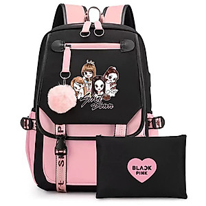 Unisex Bangtan boys Lisa Rose JISOO Jennie Kawaii Laptop Backpack Middle School Students Bookbag Outdoor Daypack for Girls Boys School (Black Pink Q)