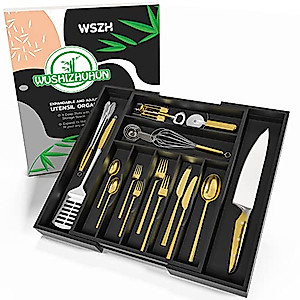 Utensil Organizer Silverware Drawer Organizer - Bamboo Expandable Cutlery Tray with Dividers for Utensil Holder Office Storage Makeup Desk Drawer Tool Organization W13.5"-19.5" x L17.5" x H2.5"(Black)