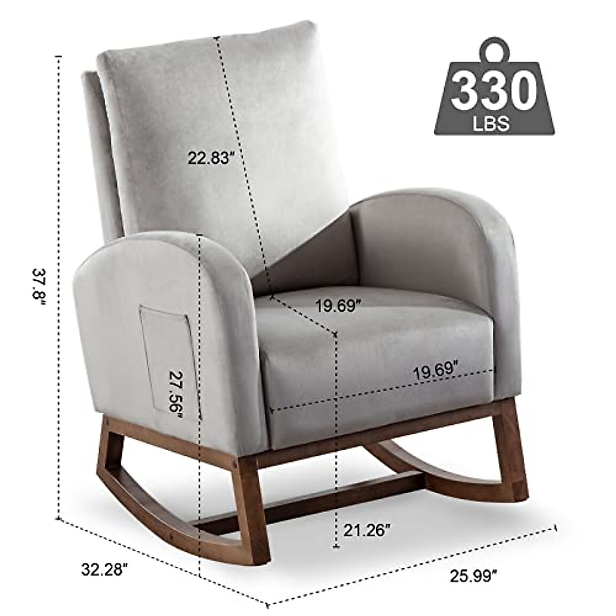 Rocking Chair Nursery Glider Rocker Chair High Backrest Upholstered Velvet Accent Armchair with Side Pocket for Living Room Bedroom Office (Grey)