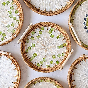 BAUHUS Set 3 Pack Round Rattan Wicker Tray with Mother of Pearl Inlay Wooden Handle for Fruit Serving, Coffee Table Tray, Vanity Tray Organizer for Kitchen, Storage and Display White Set 3