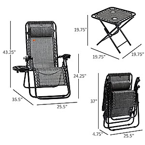 Outsunny Zero Gravity Chairs Set of 2 with Folding Table & Cup Holder Trays, Reclining Chaise Lounge Pool, Camping & Patio Chairs, Pillows, Gray