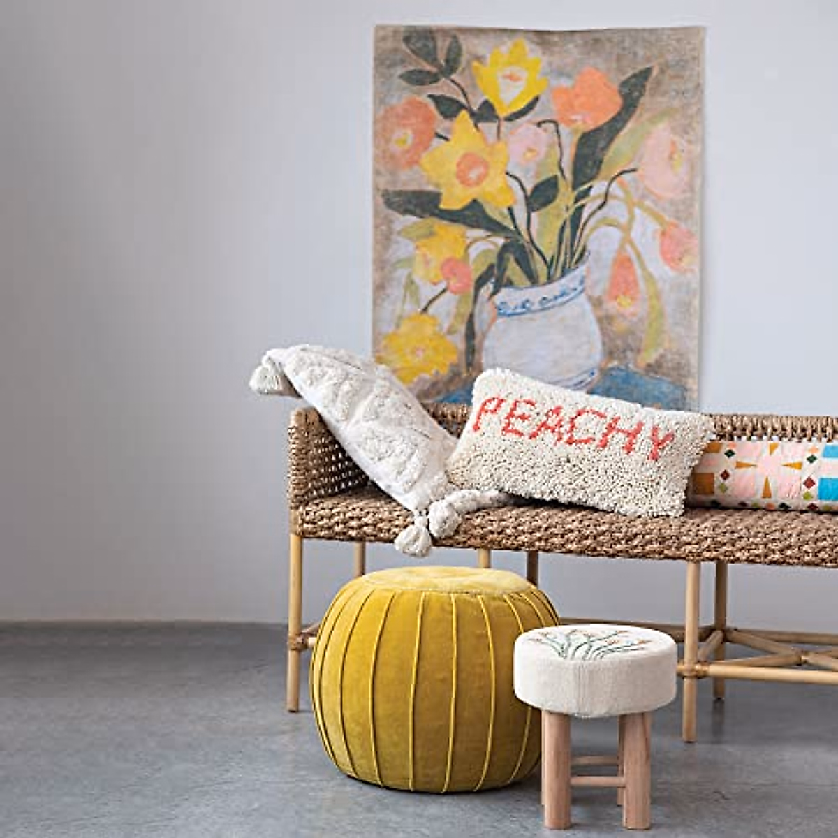 Creative Co-Op Boho Cotton Upholstered Floral Embroidery and Oak Wood Legs, Multicolor Stool, Ivory
