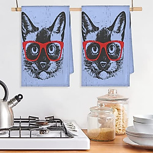 Cat Face Glasses Kitchen Towels and Dishcloths Set of 4-17.7" x 28.3" Absorbent Dish Towels with Hanging Loop Hand Towel for Farmhouse Bar Towels & Tea Towels