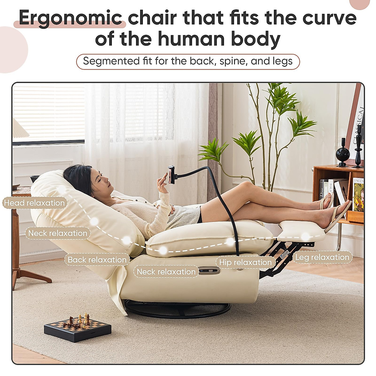 Oversized Electric Recliner Chair, 270 Swivel Rocking Glider Rocker for Adults Modern Ergonomic Lounge Chair Living Room with Phone Stand & Smart Voice Control Theater Seating, Ivory Fuax Leather