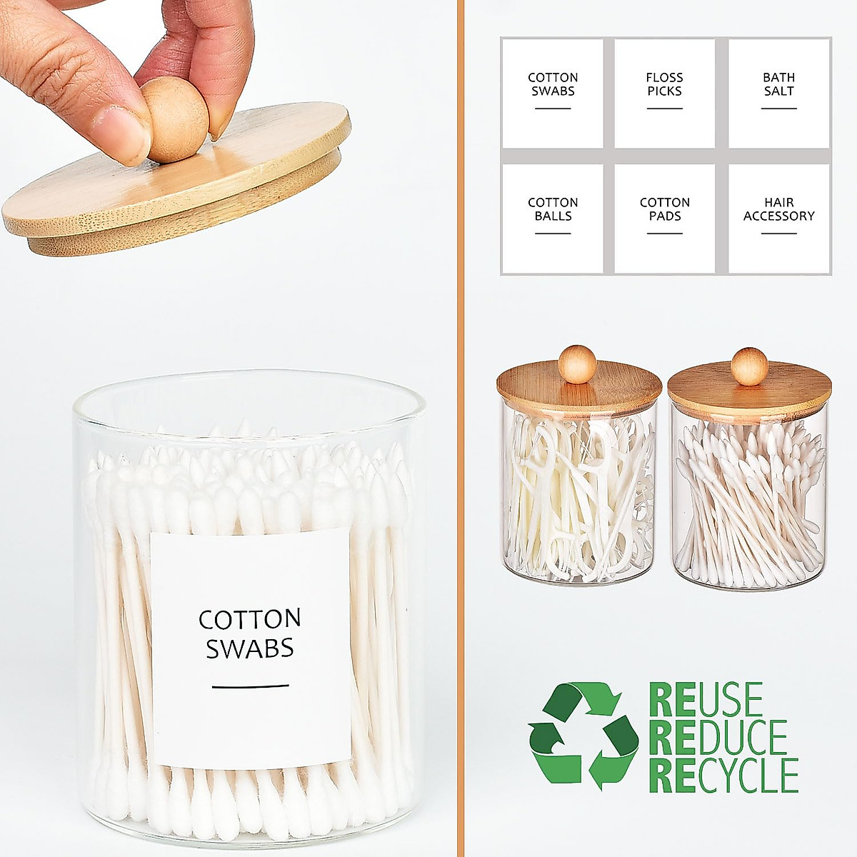 Onsogi Glass Apothecary Jars with Bamboo Lids for Bathroom Organization, Q tip Holder and CottonSwab Ball Holder for Farmhouse Bathroom Decor, Boho Bathroom Decor-2 Pack