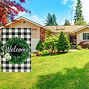 Unves Boxwood Wreath Welcome Spring Flag 28 x 40 Double Sided, Burlap Buffalo Check Plaid Winter House Flags Rustic Farmhouse Spring Winter Yard Garden Decor, Large Welcome Flag