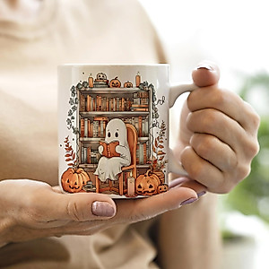 QASHWEY Halloween Reading Ghost Mug, Halloween Coffee Mug, Fall Book Lovers Gifts Mug, Halloween Themed Mug Tea Cup Gifts for Reading Lovers, Fall Bookish Ghost Halloween Coffee Cups Ceramic 11oz