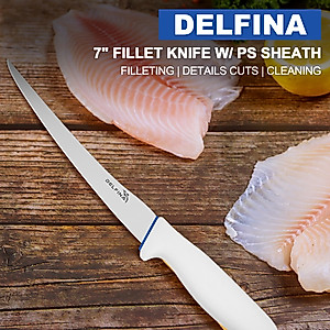 DELFINA 7 inch Flexible Fillet Knife For Fish W/Softgrip & Sheath, High Carbon Japanese 420J2 Stainless Steel Fish Fillet Knife, Ideal for Filleting, Removing Fish Skin, Deboning