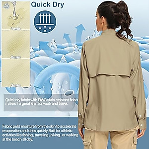 linlon Women's UPF Long Sleeve Fishing Shirts Button Up Hiking Safari Shirts Sun Protection and Quick Dry,Khaki,M