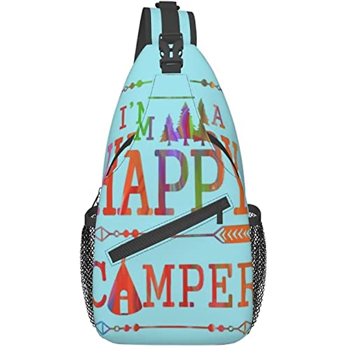 Stylish Chest Sling Bag Camping Mountain Happy Camper Sky Blue,Crossbody Shoulder Backpack Adjustable Chest Bag Lightweight Casual Daypack for Men Women Outdoor Sports Biking Climbing Shopping
