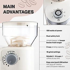 Coffee Grinder, Electric Burr Coffee Grinder, Grinder for Coffee, French Press, Espresso, and Drip Coffee 18 Grinding Settings, Electric Coffee Grinder Labeled "GRIND" in Cream by Rae Dunn