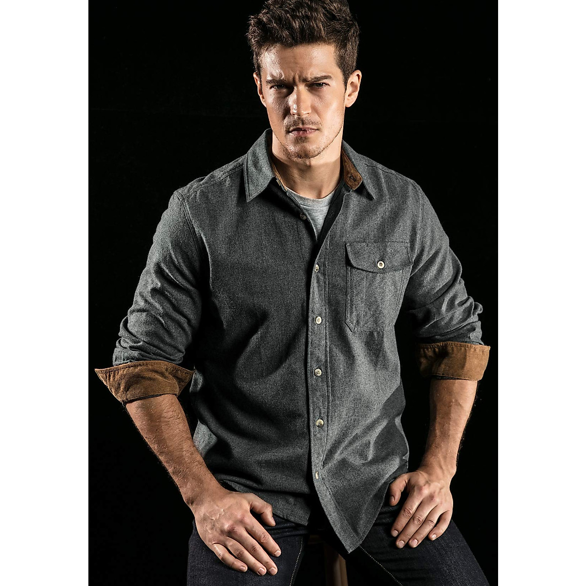 CQR Men's All Cotton Flannel Shirt, Long Sleeve Casual Button Up Plaid Shirt, Brushed Soft Outdoor Shirts, Solid Grey, X-Large