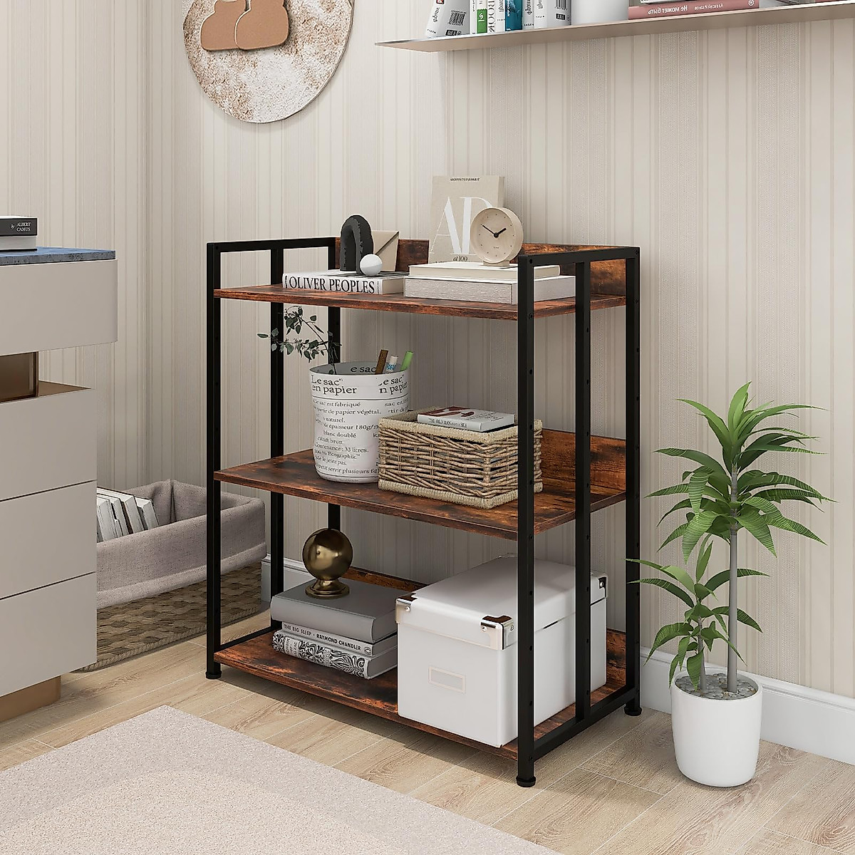 GOFLAME 3-Tier Bookshelf, Tall Bookcase Shelf with Metal Frame, Industrial Floor Storage Shelf Organizer, DIY Shelving Unit Display Rack for Study, Living Room, Kitchen, Rustic Brown