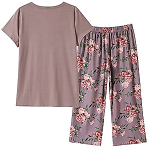 Vozanet Women's V Neck Sexy Pajama Sets Capri Sleepwear Floral Elegant Nighty 2PCS Plus Size S-3XL, Florals-Brown, XX-Large
