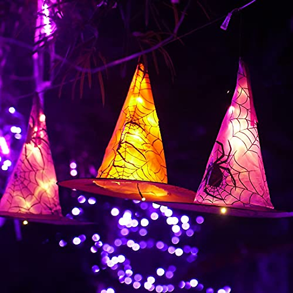 FUNPENY Halloween Decoration Lights, 8 PCS Waterproof Hanging Witch Hat with String Lights with Remote, Hanging Halloween Decorations for Indoor Outdoor Garden Yard Party Decor
