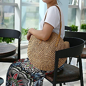 YXQSED Round Woven Bag - Summer Beach Bags Straw Handwoven Singleshoulder with Leather Handles，Zipper（Khaki） L