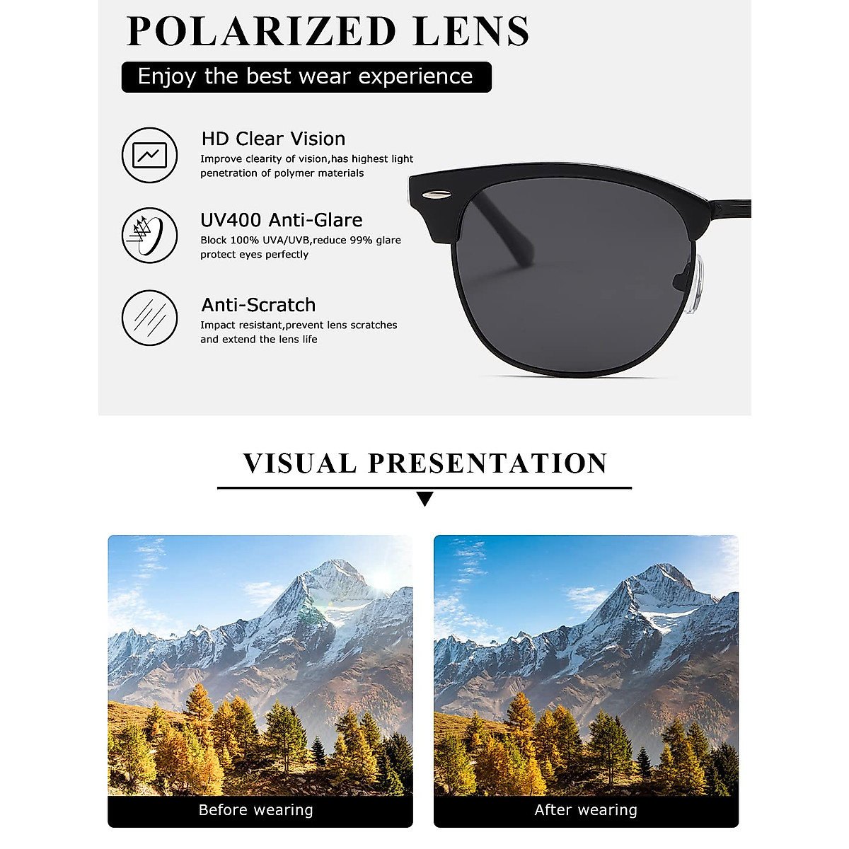 AEVOGUE Polarized Sunglasses For Women And Men Semi Rimless Frame Retro Sun Glasses AE0369 (All Black)