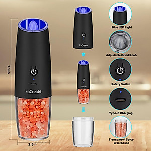 FaCreate UPGRADED USB RECHARGEABLE Gravity Electric Salt and Pepper Grinder Set,Battery Powered Automatic Operation Salt and Pepper Shakers,LED Light Adjustable Coarseness Mill 2 PACK(BLACK)